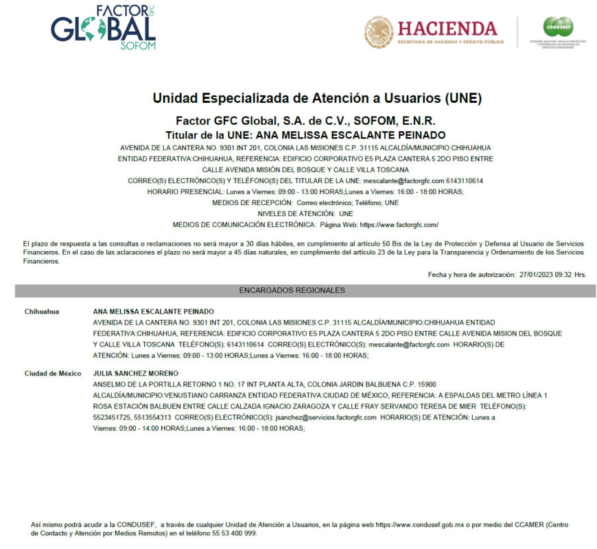 Unidad Especializada de Atención a Usuarios - Factor GFC Global - SOFOM